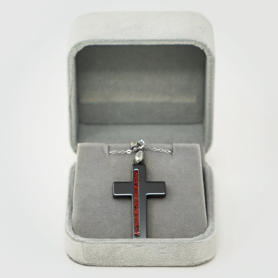 T2T Thin RED Line Cross Necklace – (Black Ceramic)